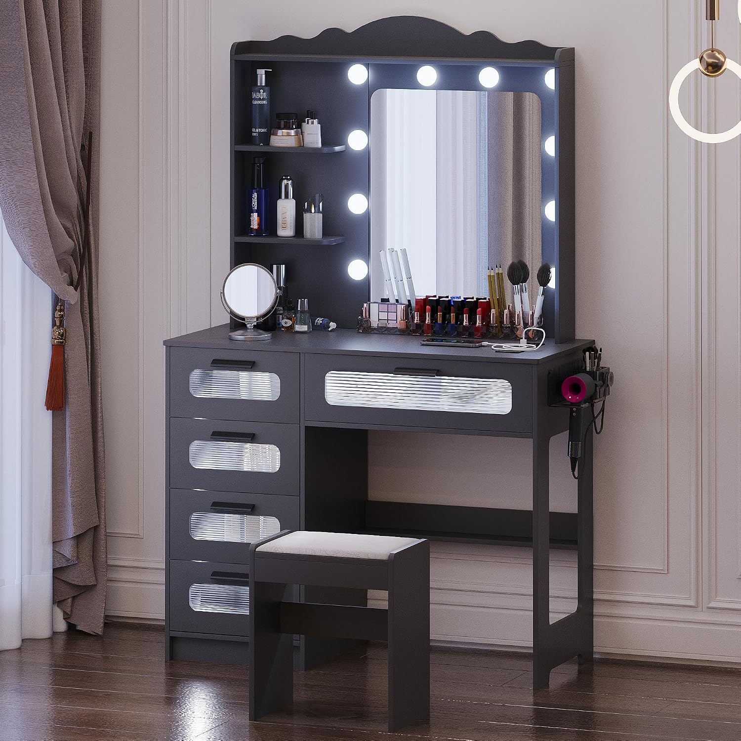 Amazon.com: FREDEES Grey Makeup Vanity with 10 Light Bulbs,Modern ...