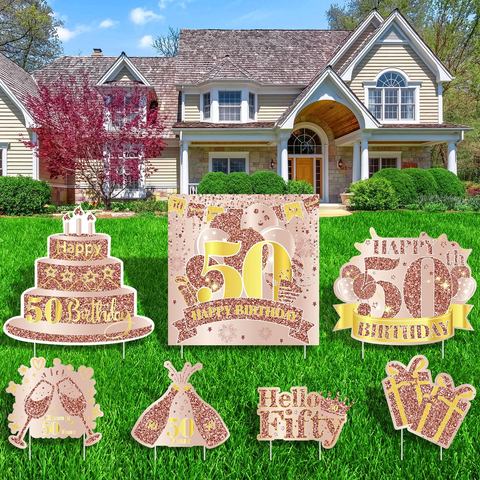 Amazon.com : 7Pcs Rose Gold Happy 50th Birthday Yard Signs Decorations ...