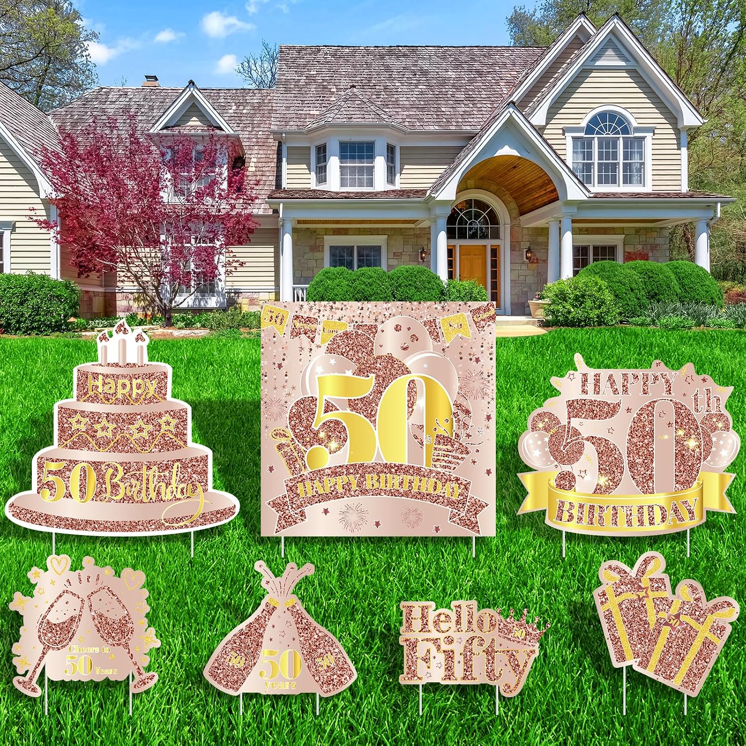 Amazon.com : 7Pcs Rose Gold Happy 50th Birthday Yard Signs Decorations ...