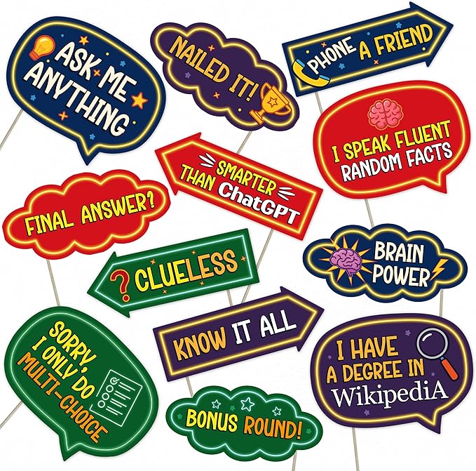 Amazon.com: Trivia Night Photo Booth Props – 12 Funny Quiz Signs for ...