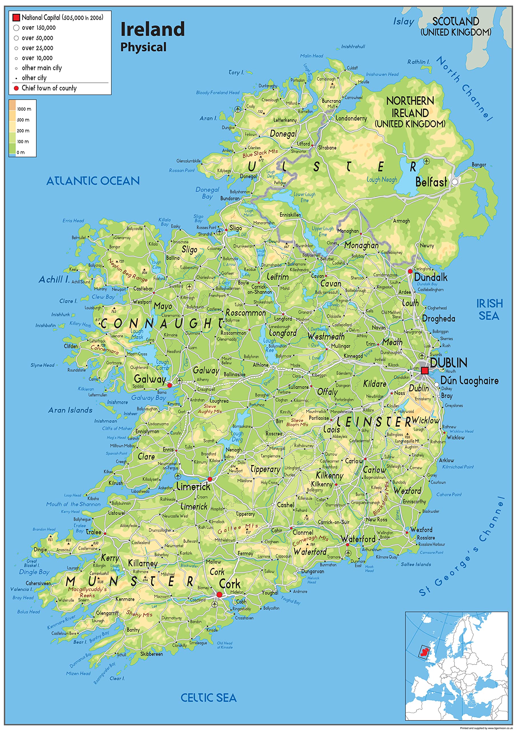 Physical Map of Ireland - Size A1-59.4 x 84.1cm - Paper Laminated ...