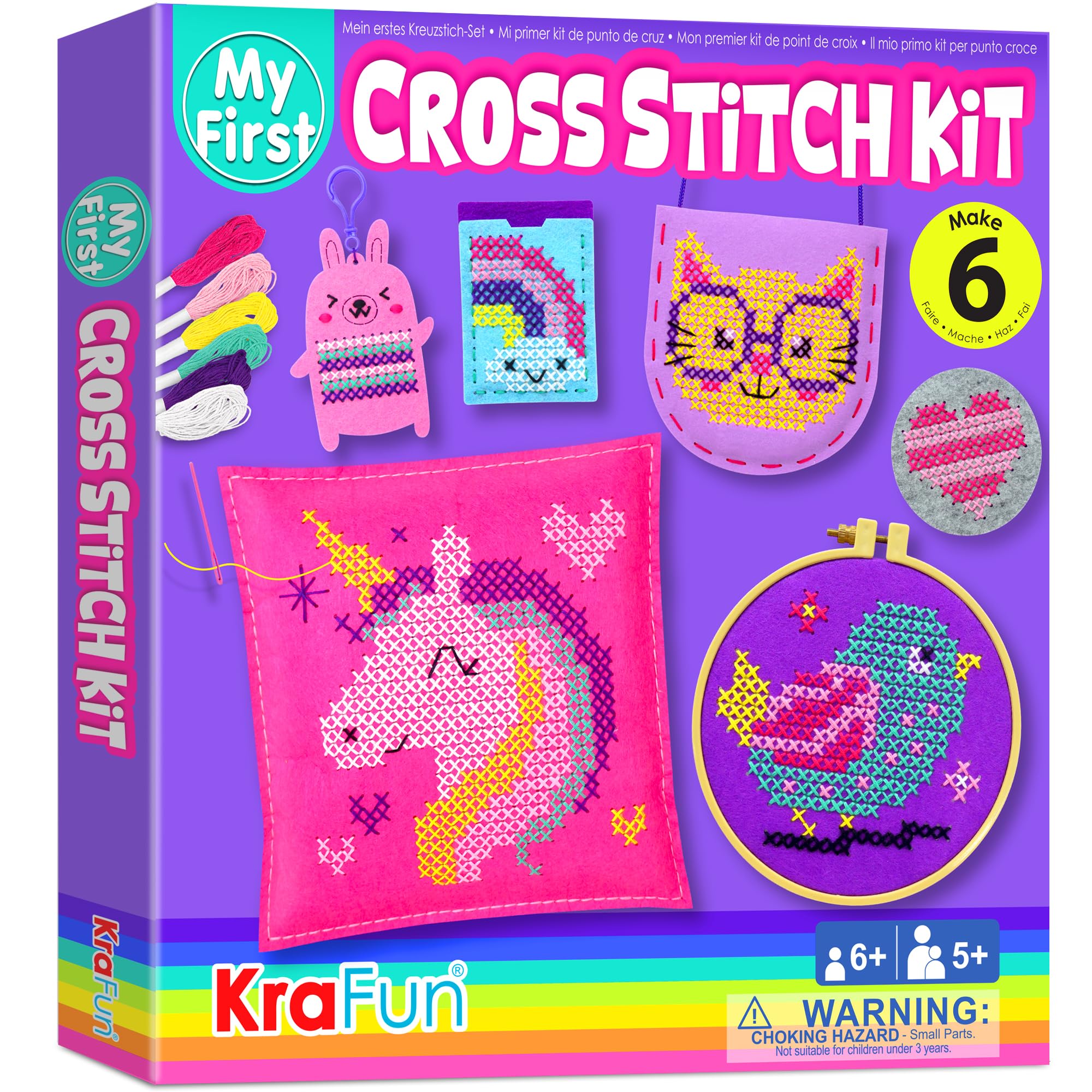 KRAFUN Beginner My First Cross Stitch Kit for Kids Arts & Crafts, 6 ...