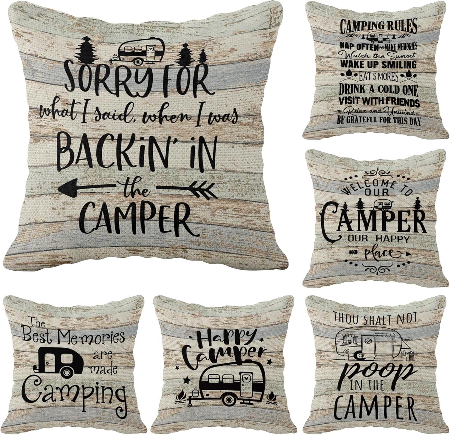 Amazon.com: Happy Camper Pillow Cushion Cover Set of 6, 18 x 18 Inch ...