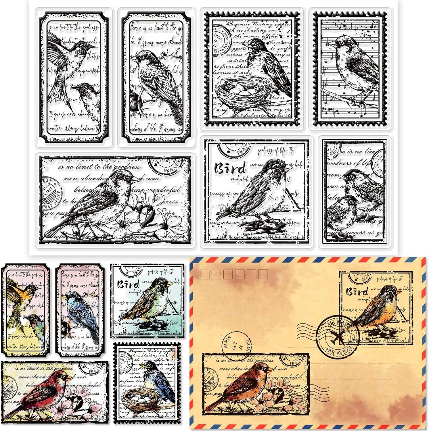 Amazon.com: GLOBLELAND Vintage Flower and Bird Text Clear Stamps for ...
