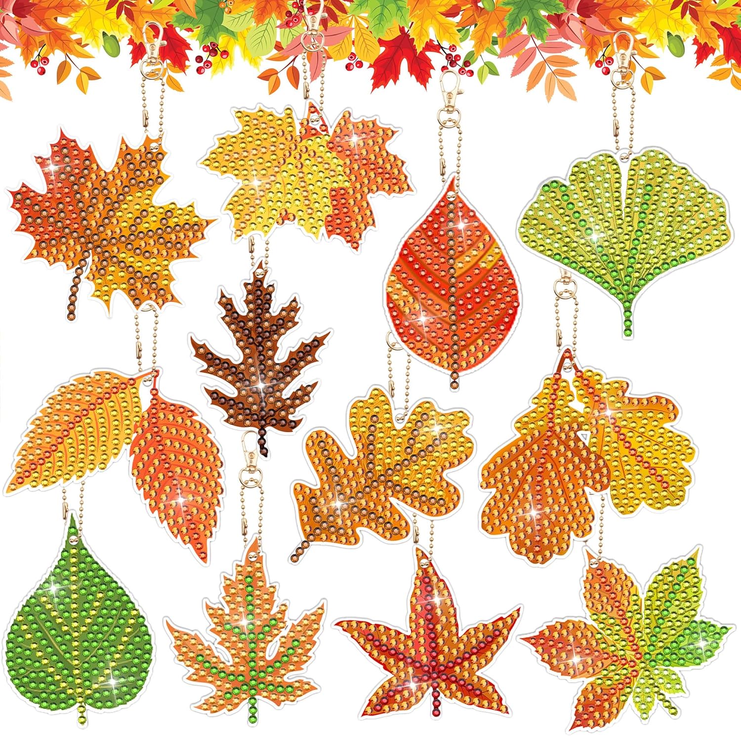 Amazon.com: Set of 12 Fall Leaves Diamond Painting Keychains Fall ...