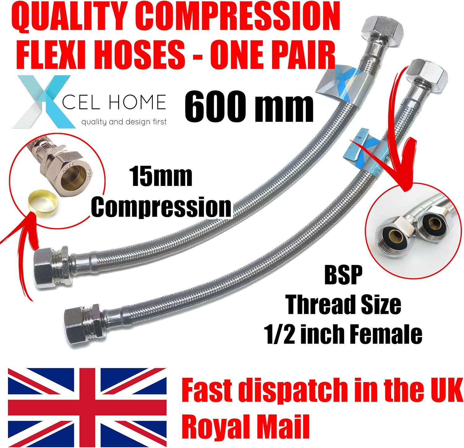 Xcel Home™ 2 x 600mm 1/2″BSP x 15mm Compression Monobloc Tap Connectors ...