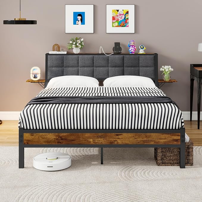 JUISSANO Full/Double Bed Frame with Storage Headboard,Upholstered Bed ...