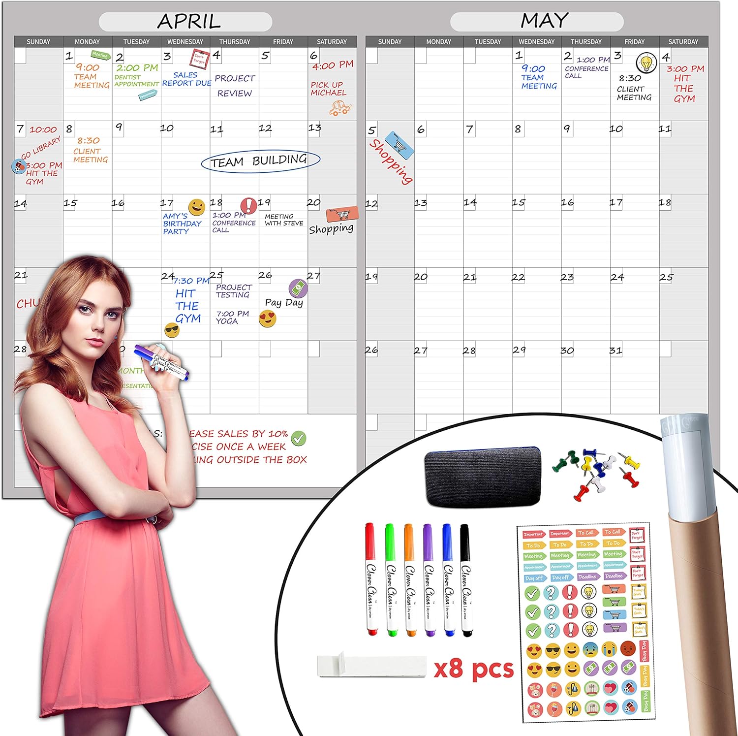 CLEVER CLEAN Large Dry Erase Wall Calendar - 36" x 52" Undated 2-Month ...
