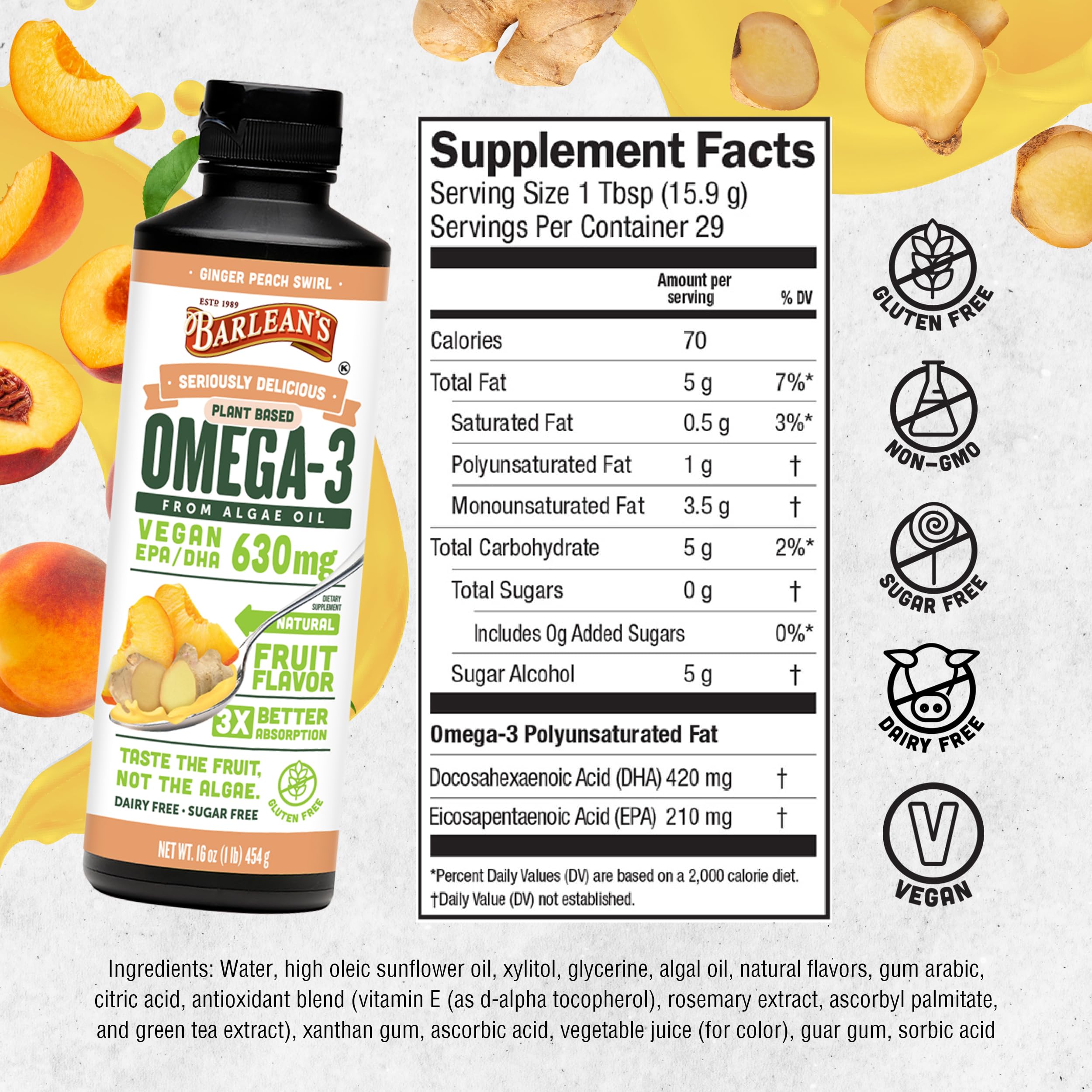 Snapklik.com : Barleans Ginger Peach Vegan Omega 3 Supplement, Liquid ...