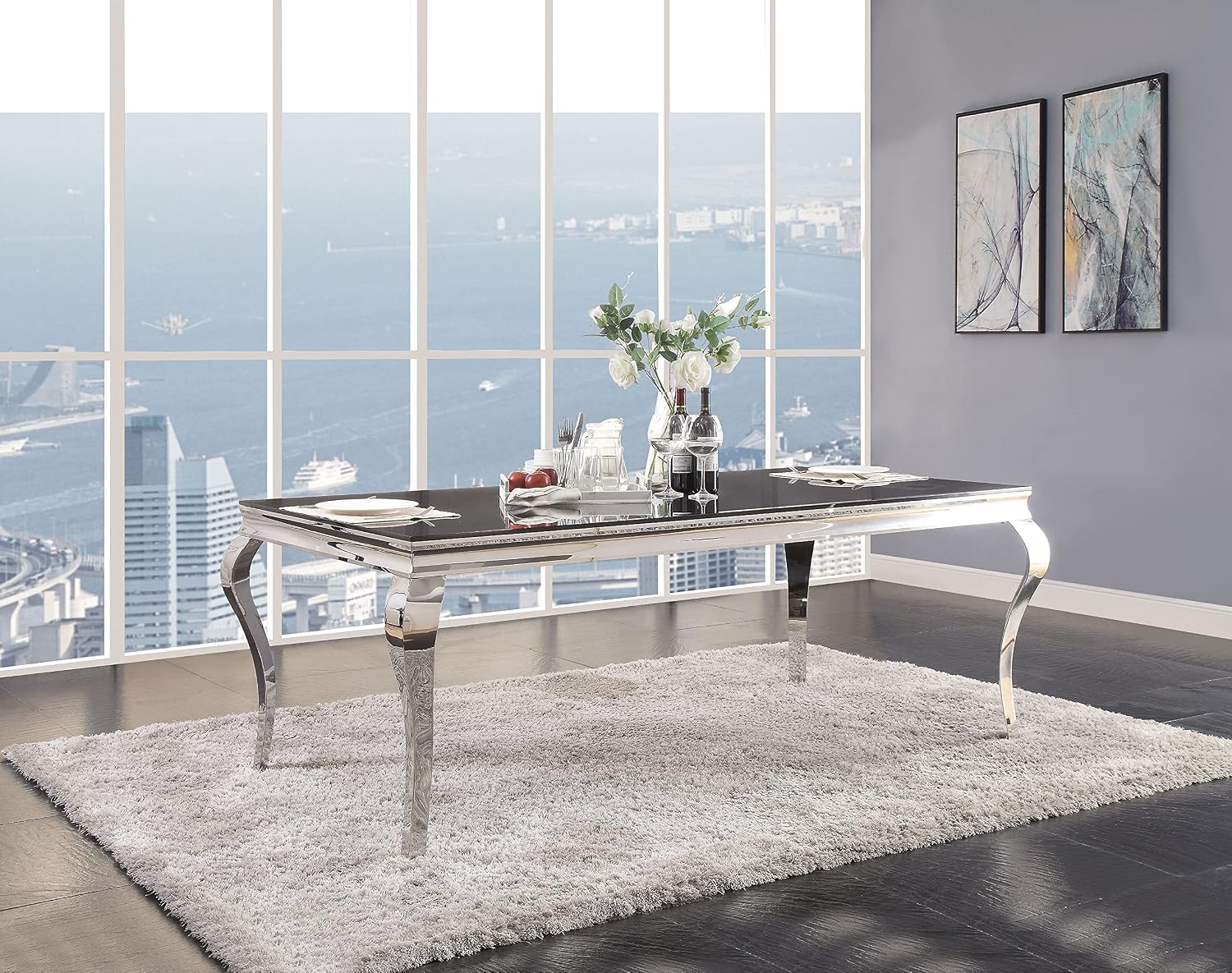 Amazon.com - Modern Glam Dining Table in Stainless Steel & Black Glass ...