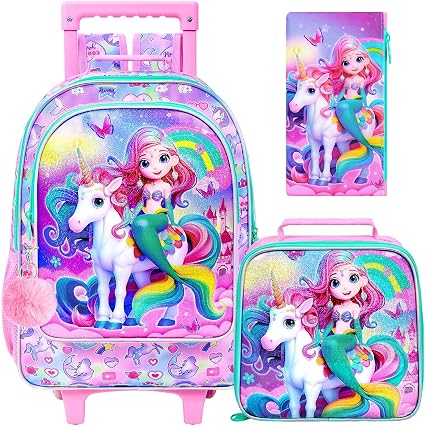 Amazon.com | gxtvo Girls Rolling Backpack, Cute Mermaid Roller Wheels ...
