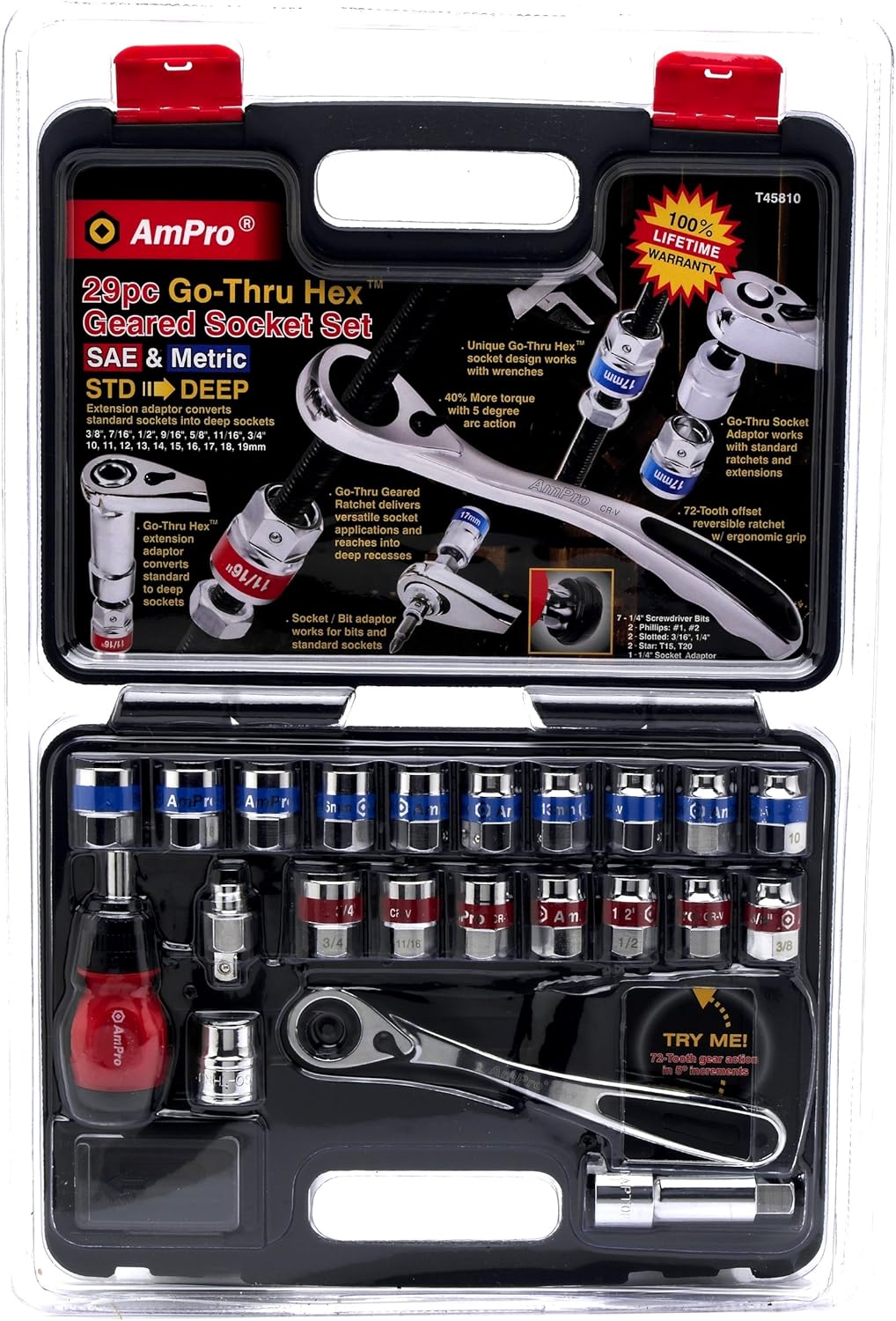 Ampro T45810 Go-Thru Hex Geared Socket Set, SAE and Metric, 29-Piece ...