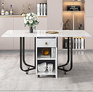 BTM Folding Dining Table with Cupboard and 2 Drawers, Space-saving Drop ...