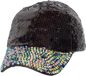 Womens Glitter Sequin Cap - Elastic Fit Sparkle Baseball Hat - Black ...