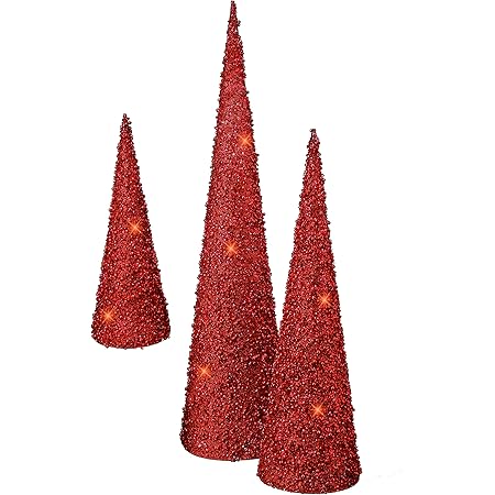 Amazon.com: Set of 3 Red Jeweled and Glittered Christmas Topiary Cone ...