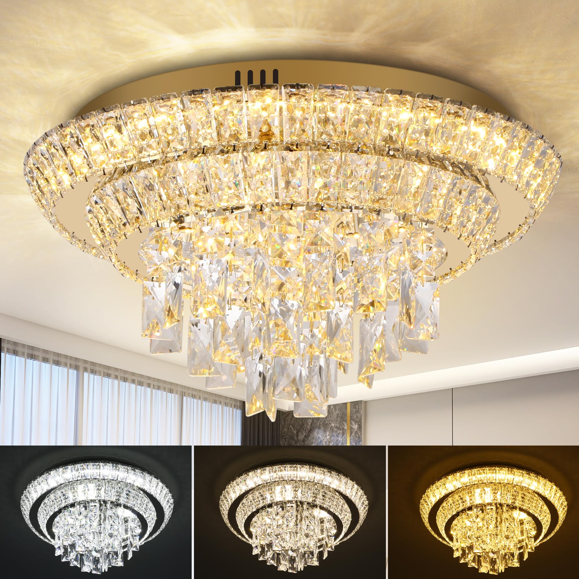 REDSTAR 18" Crystal Gold Ceiling-Light Flush Mount with Remote Control ...
