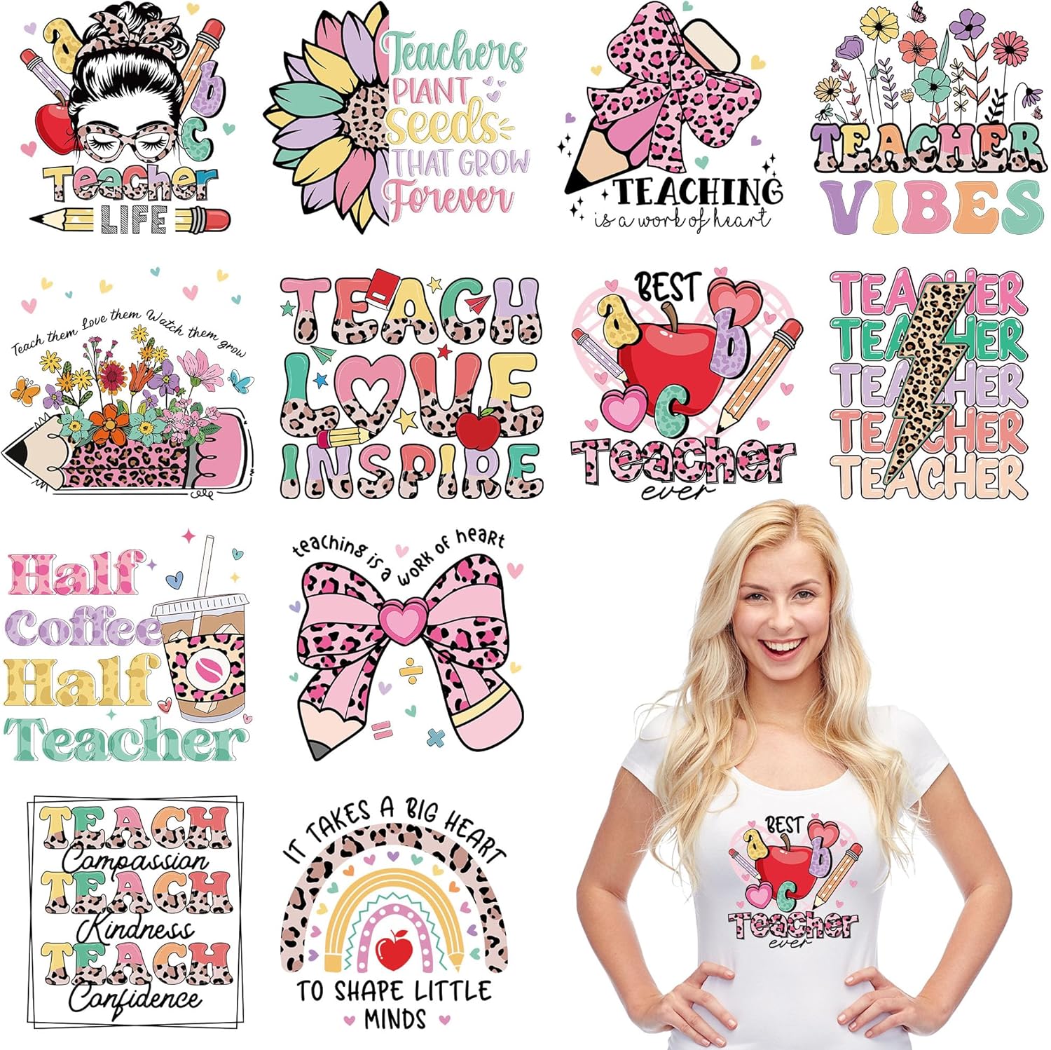 Amazon.com: EoBeCy 12 Sheets Teacher Iron on Transfers for T-Shirts ...