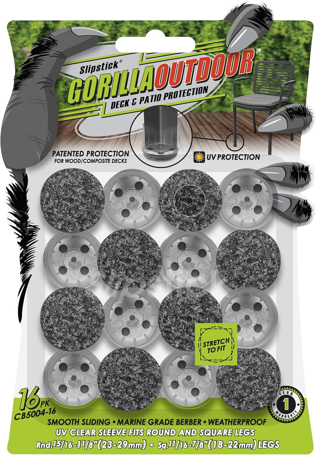 Slipstick GorillaOutdoor Berber Furniture Feet Pads with Clear Sleeve ...