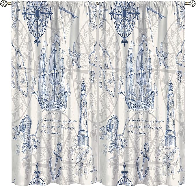 Amazon.com: Nautical Theme Window Draperies, Pirate Sailboat Curtains ...