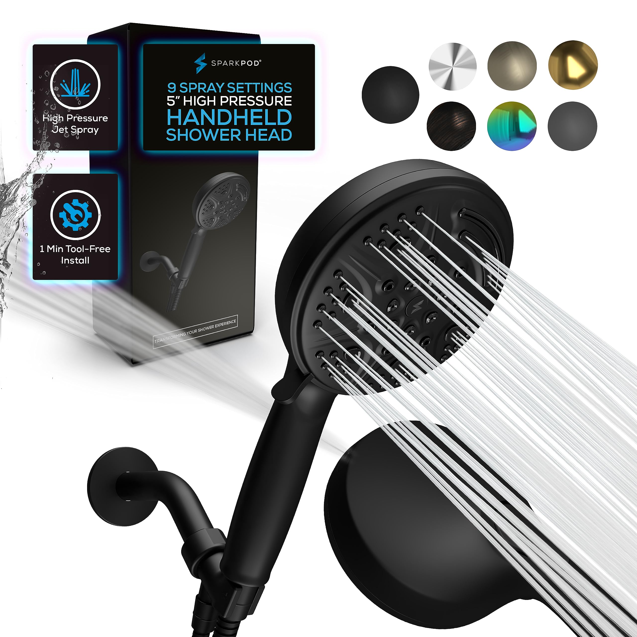 Snapklik.com : SparkPod 5 Inch 9 Spray Setting Shower Head - Handheld ...
