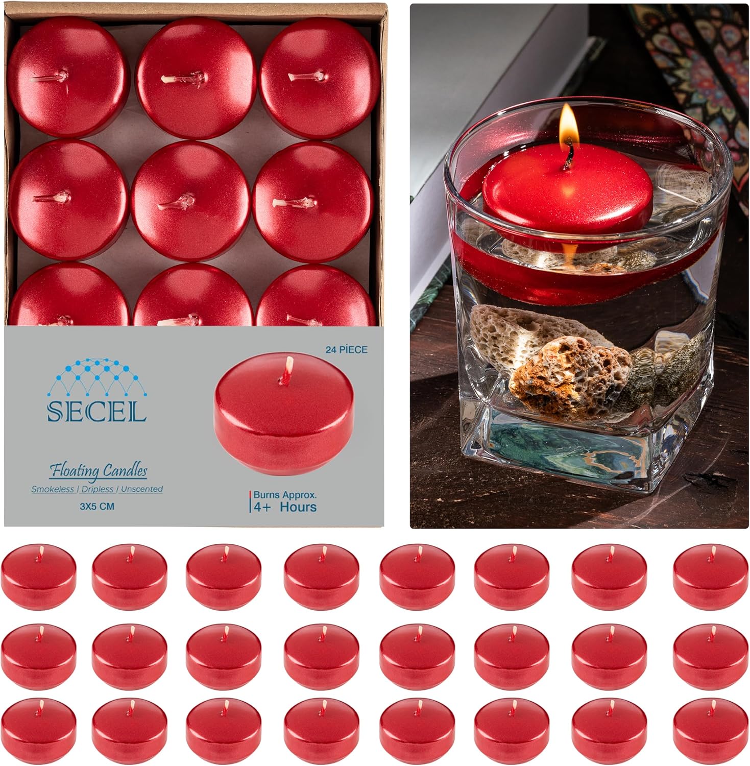 Amazon.com: SECEL Pack of 24 Floating Candles 2 Inch 4+Hours Paraffin ...