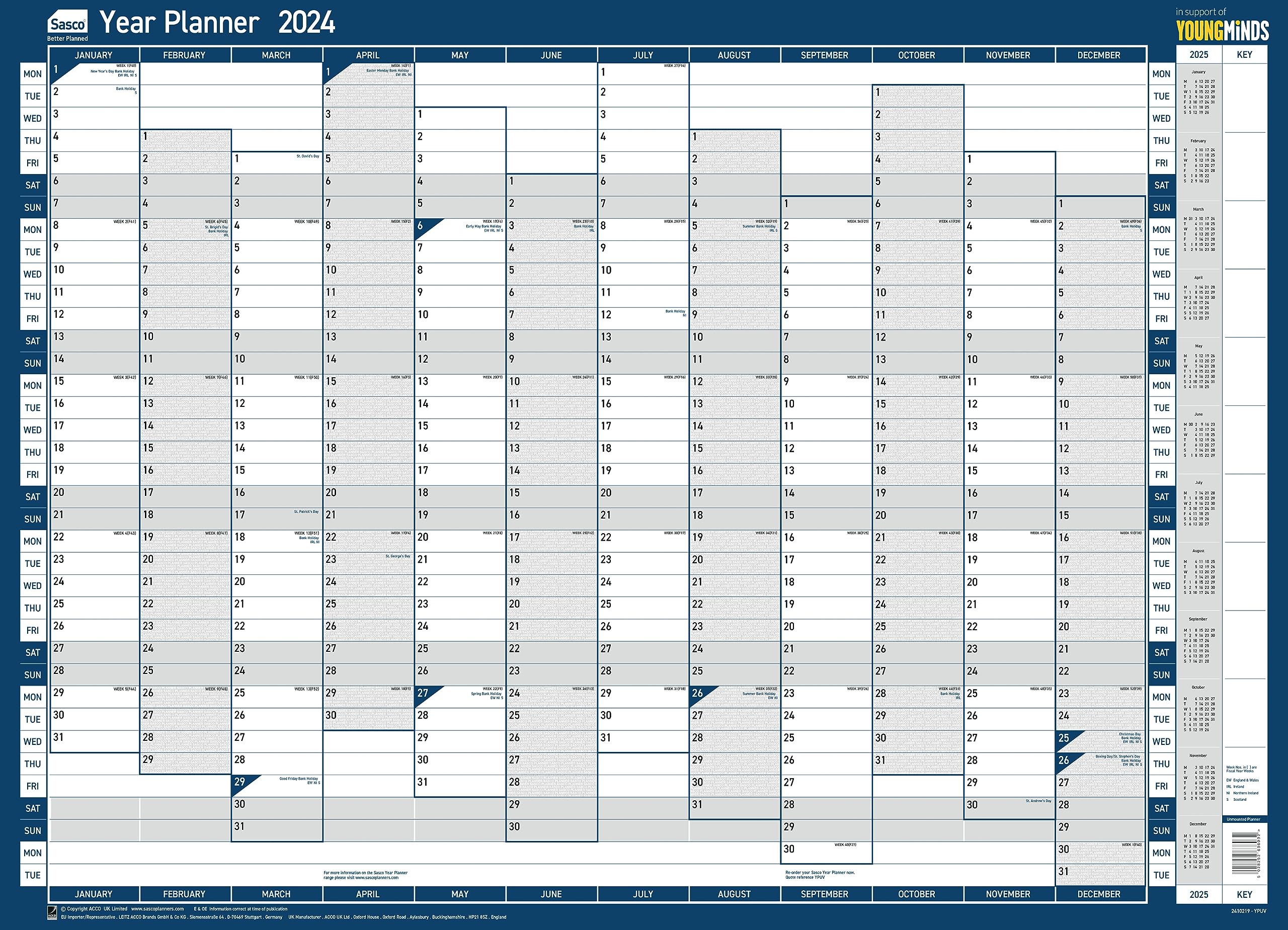 Sasco 2024 Vertical Yearly Wall Planner Set, Paper Whiteboard Poster ...