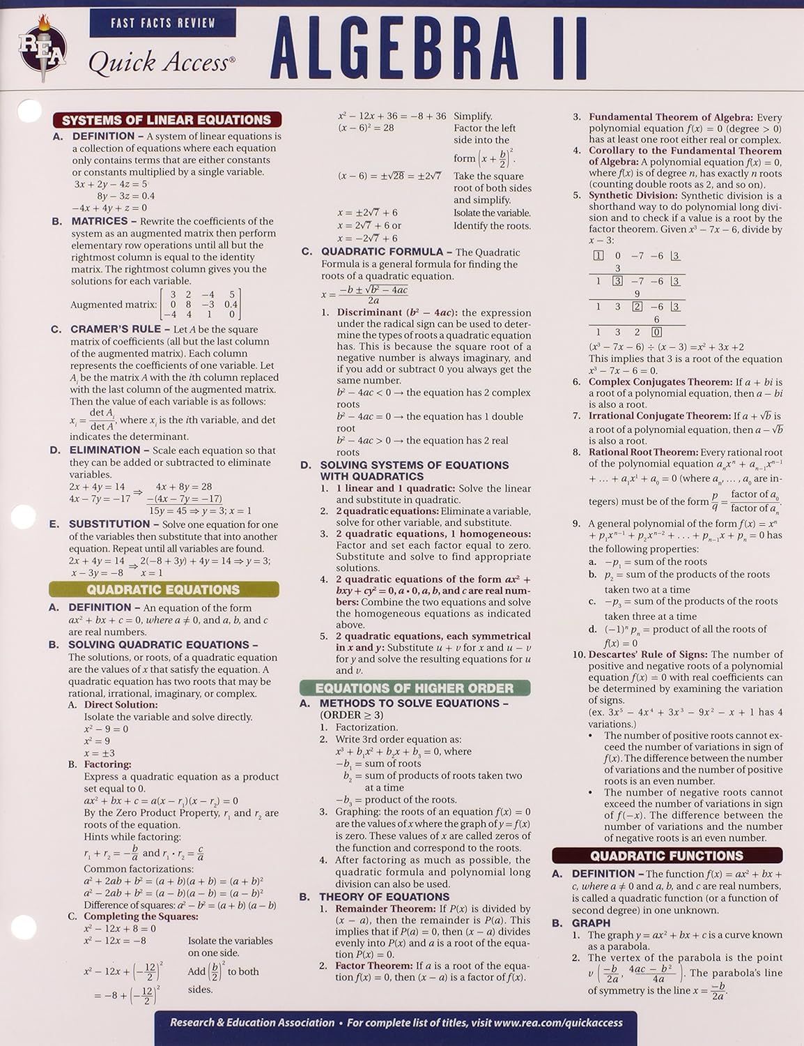 Algebra 2 - REA's Quick Access Reference Chart (Quick Access Reference ...