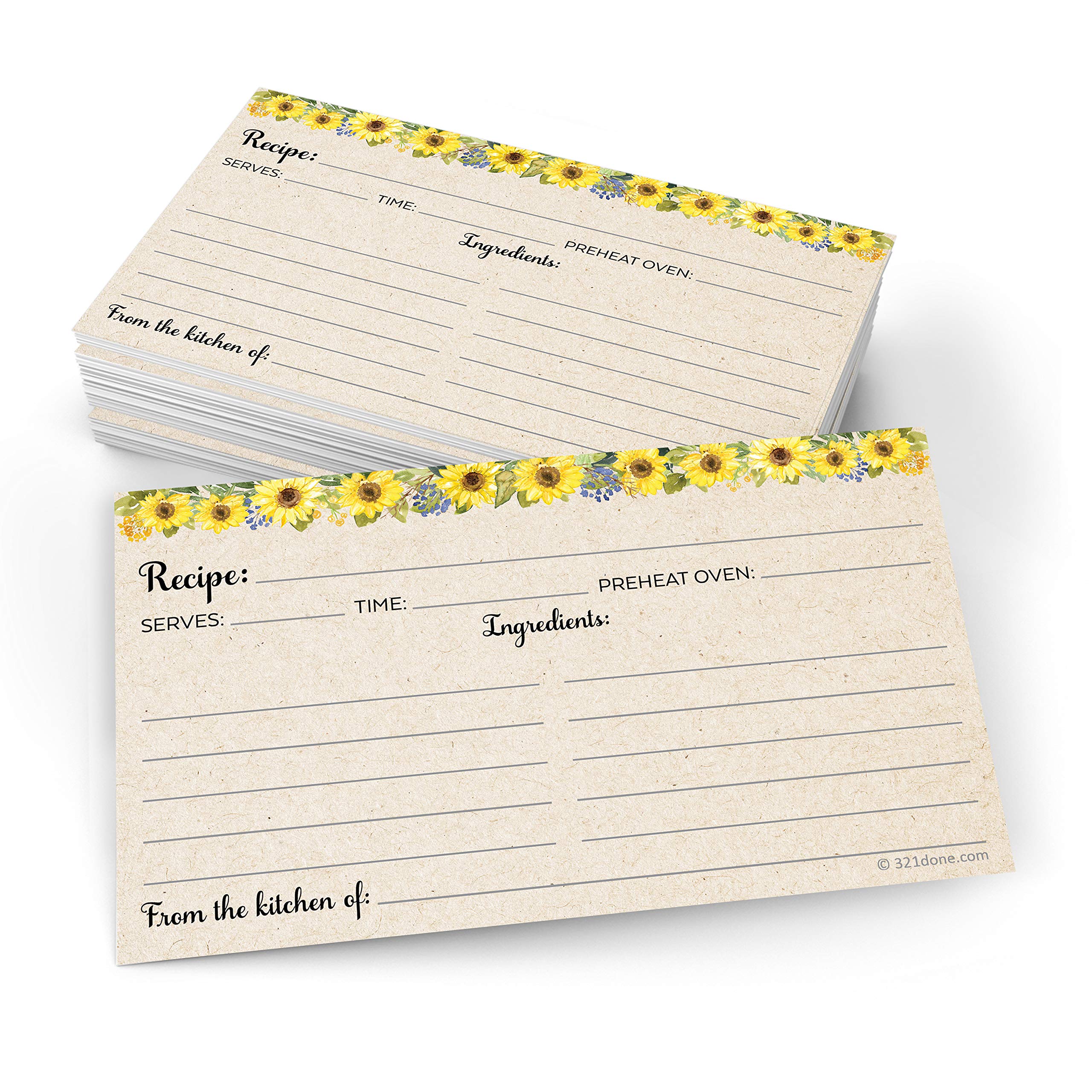 Amazon.com: 321Done Sunflower Recipe Cards (Set of 50) Small 3" x 5 ...