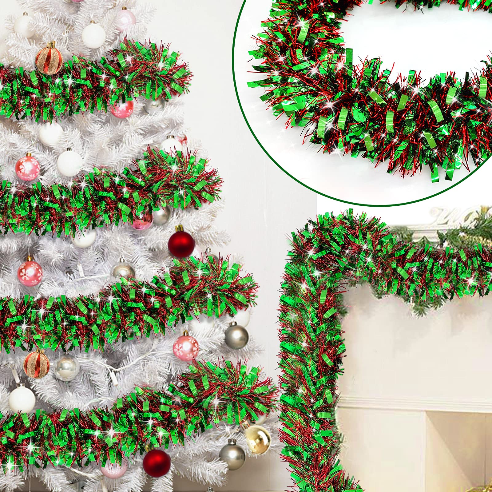 Amazon.com: 4 Pack Red Green Tinsel Garland Christmas Tree Decorations ...