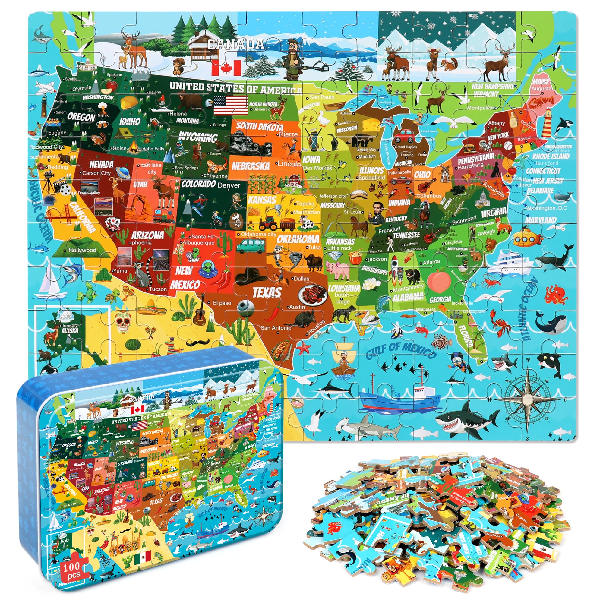 Amazon.com: LELEMON USA Map Jigsaw Puzzles in a Metal Box 100 Pieces ...