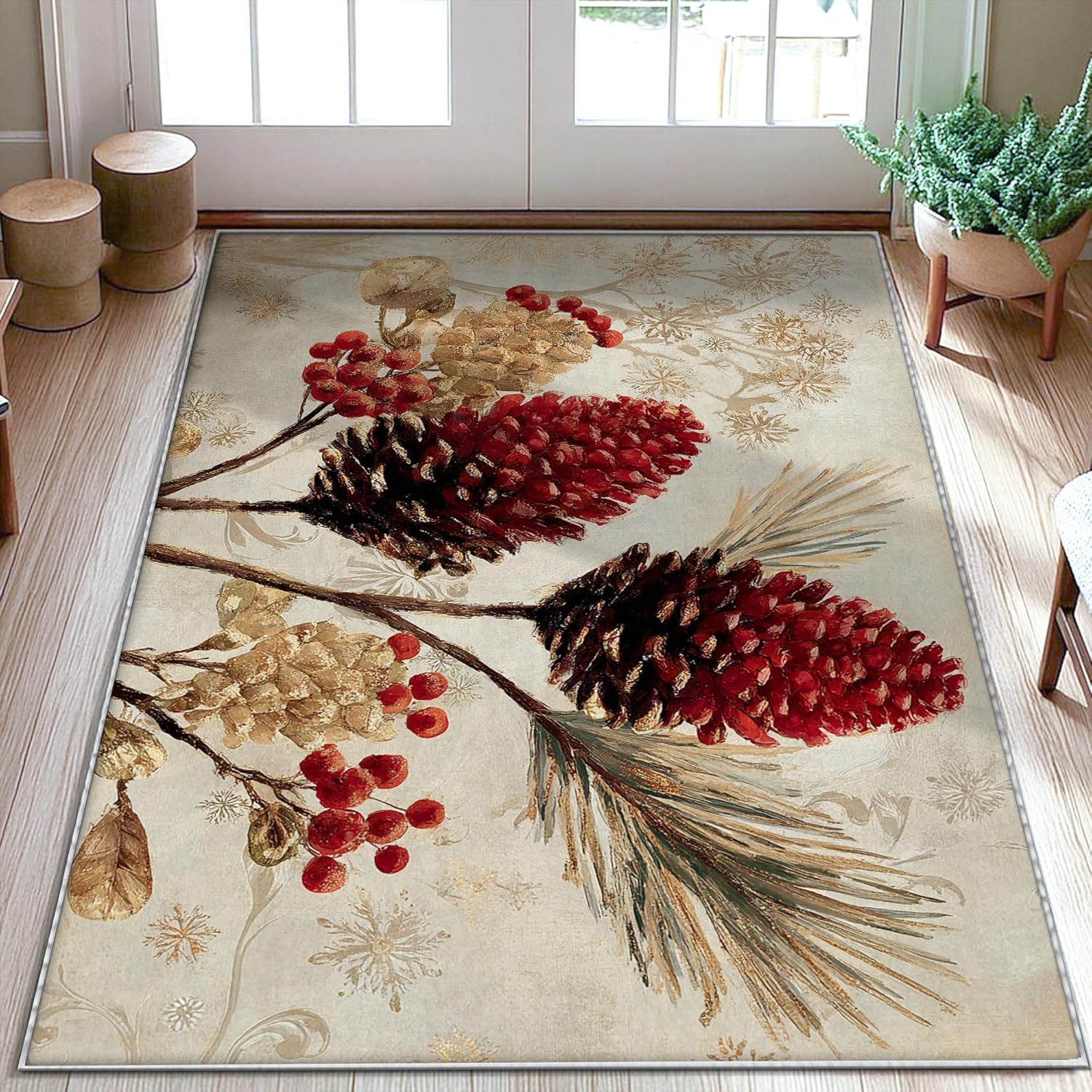 Amazon.com: Pinecones Area Rug, Winter Rustic Berries Pine Winter Red ...
