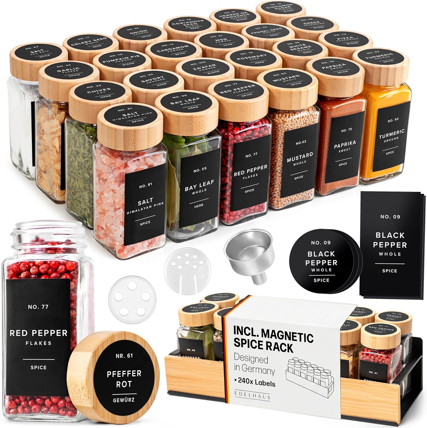 Amazon.com: EDELHAUS Square Glass Spice Jars (24 x 4oz) with Bamboo ...