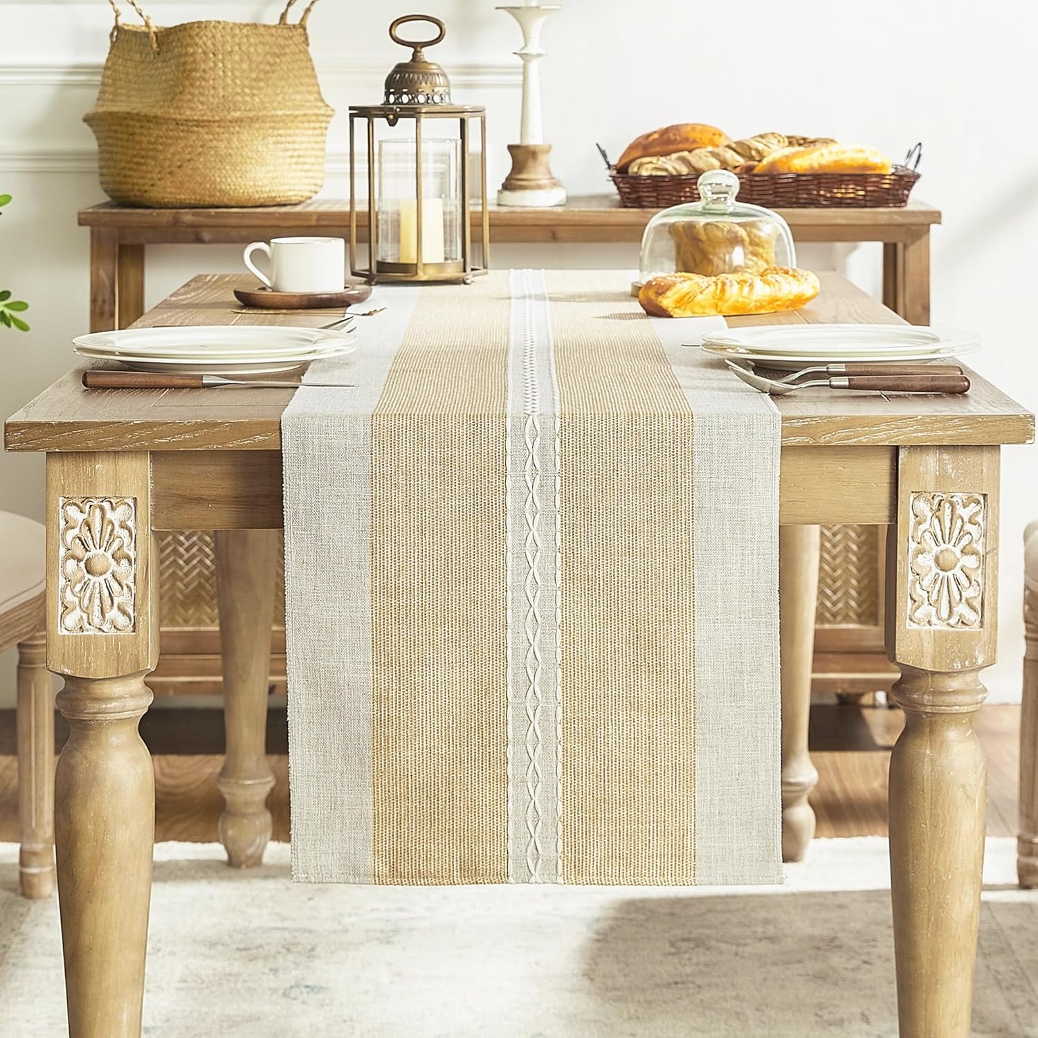 Amazon.com: Cstalstal Rustic Linen Table Runner, Boho Embroidery Coffee ...