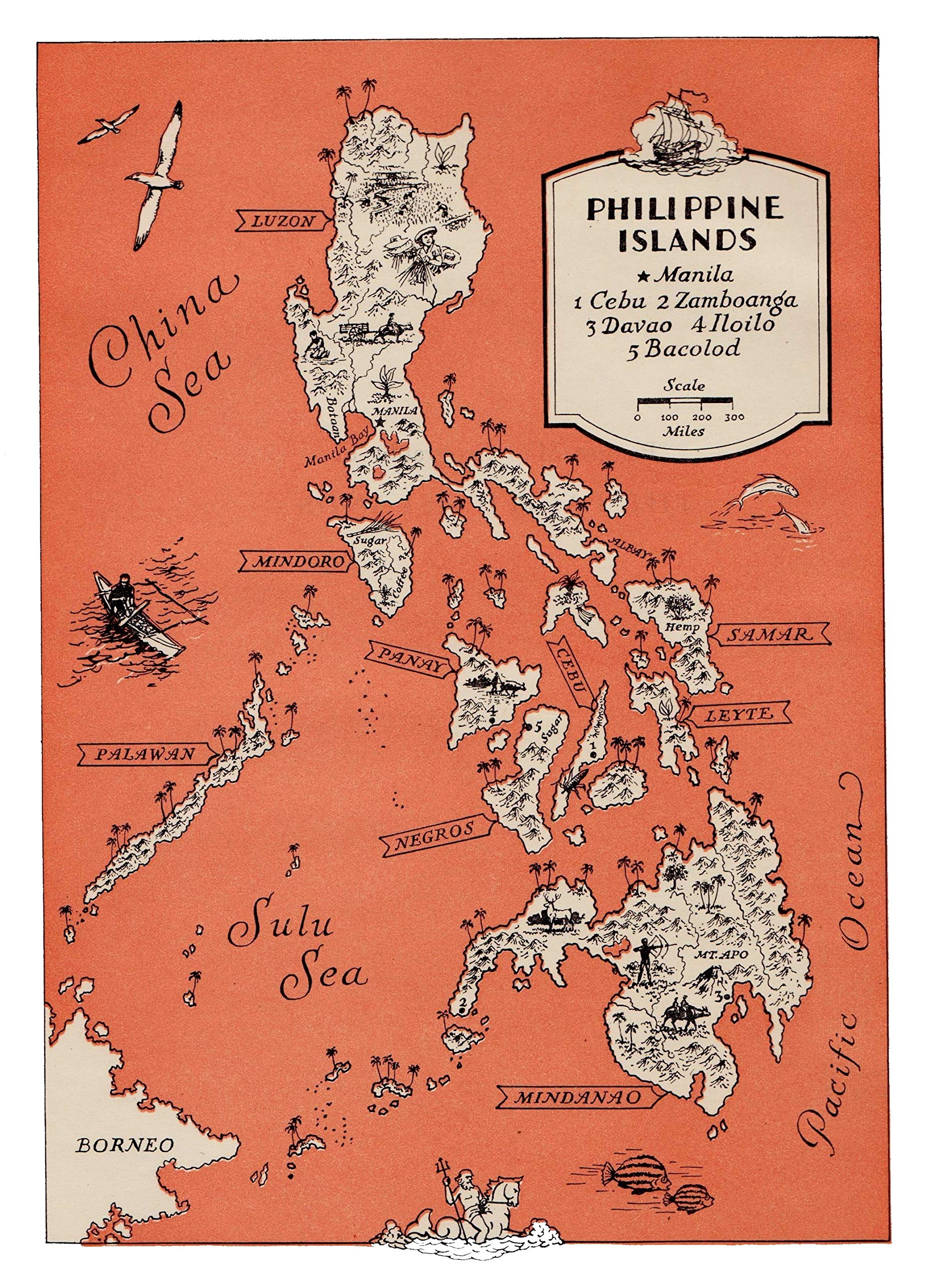 Buy Vintage Philippine Islands Map 1940s Orange Pictorial Cartoon Map