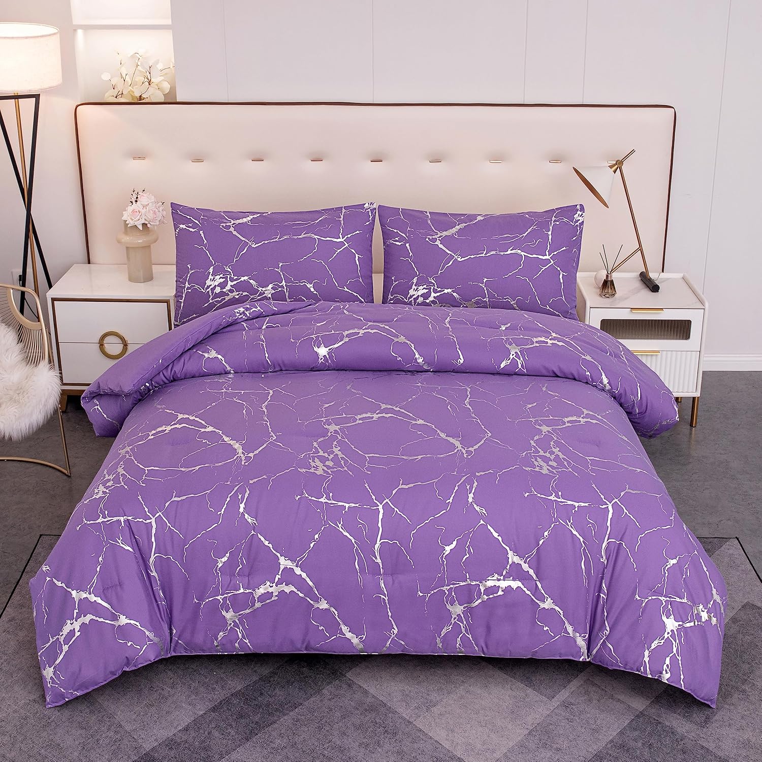 MWMWMW Edredom roxo tamanho queen com estampa de mármore glitter prata ...