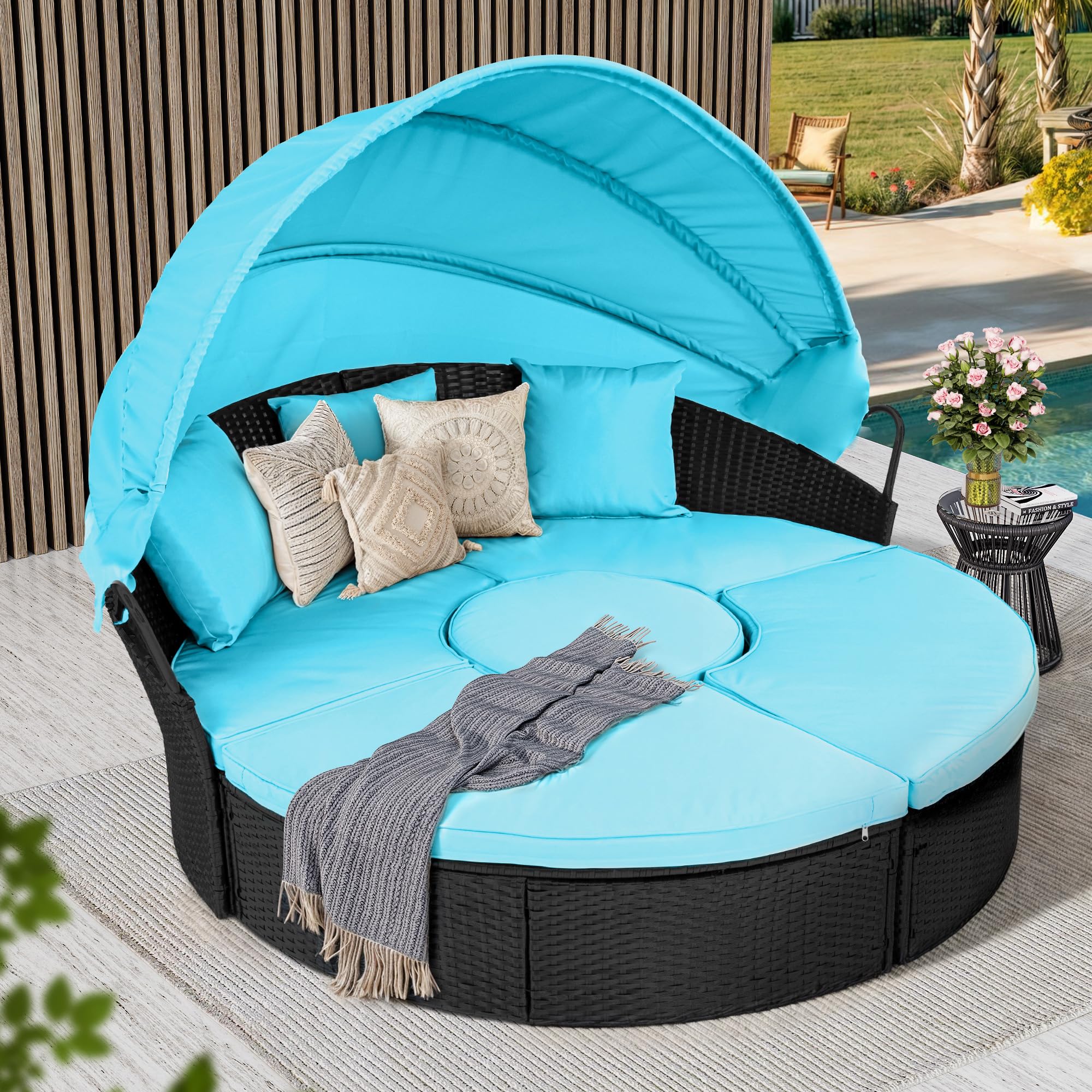 YITAHOME Patio Round Outdoor Daybed with Retractable Canopy Rattan ...