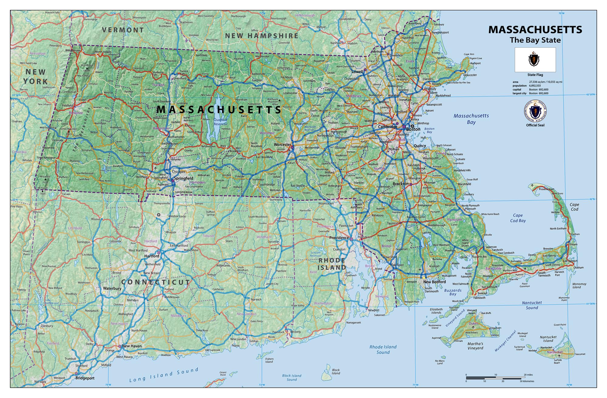 Physical Map Of Massachusetts Physical Map Of Massachusetts, Satellite