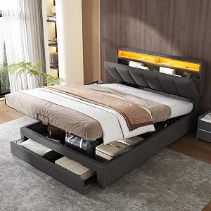 Upholstered Ottoman Storage Bed with Hydraulic Lever & Drawers, 4ft6 ...