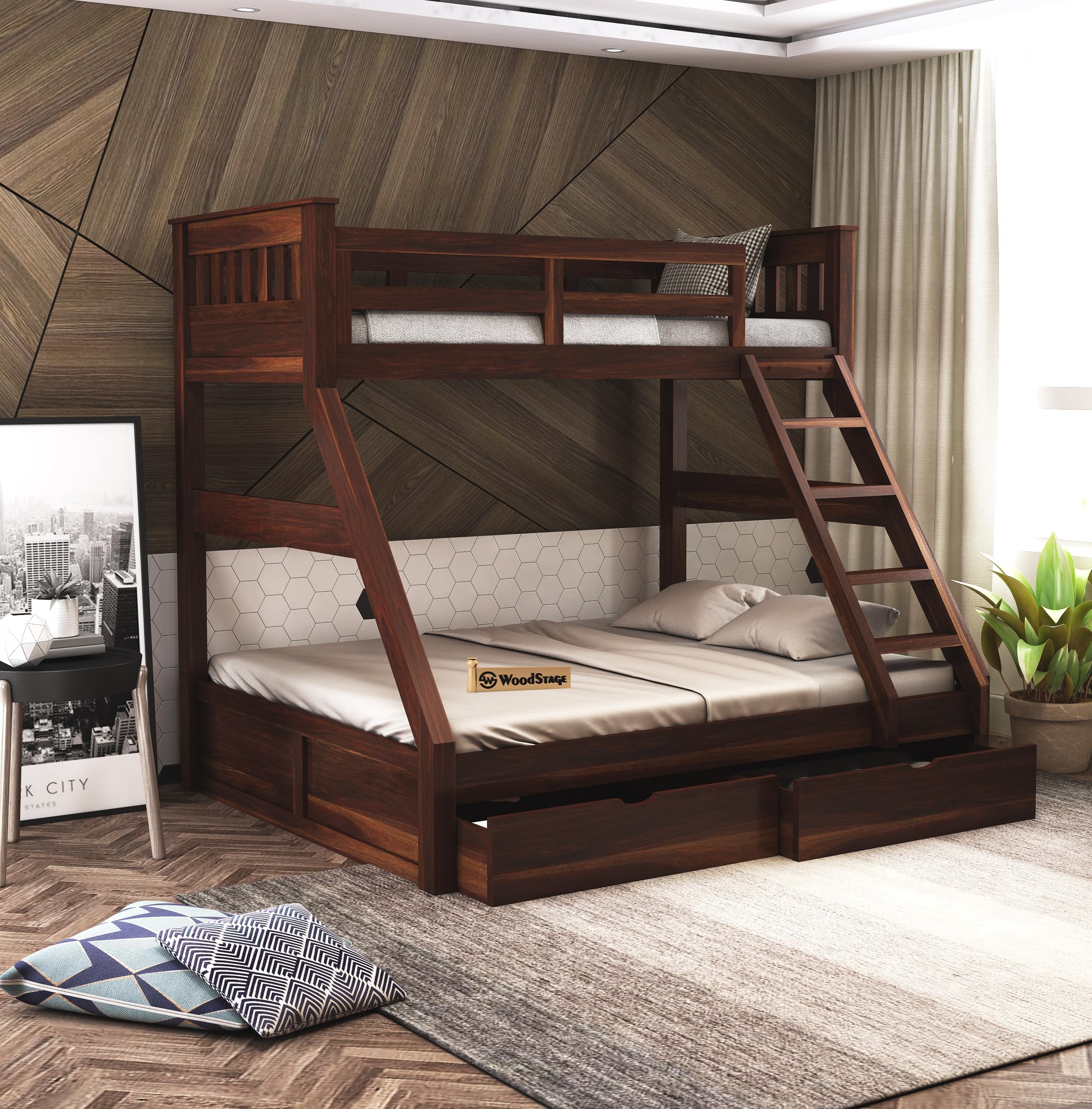 WOODSTAGE Sheesham Wood Bunk Bed with Drawer Storage Wooden Twin Over ...