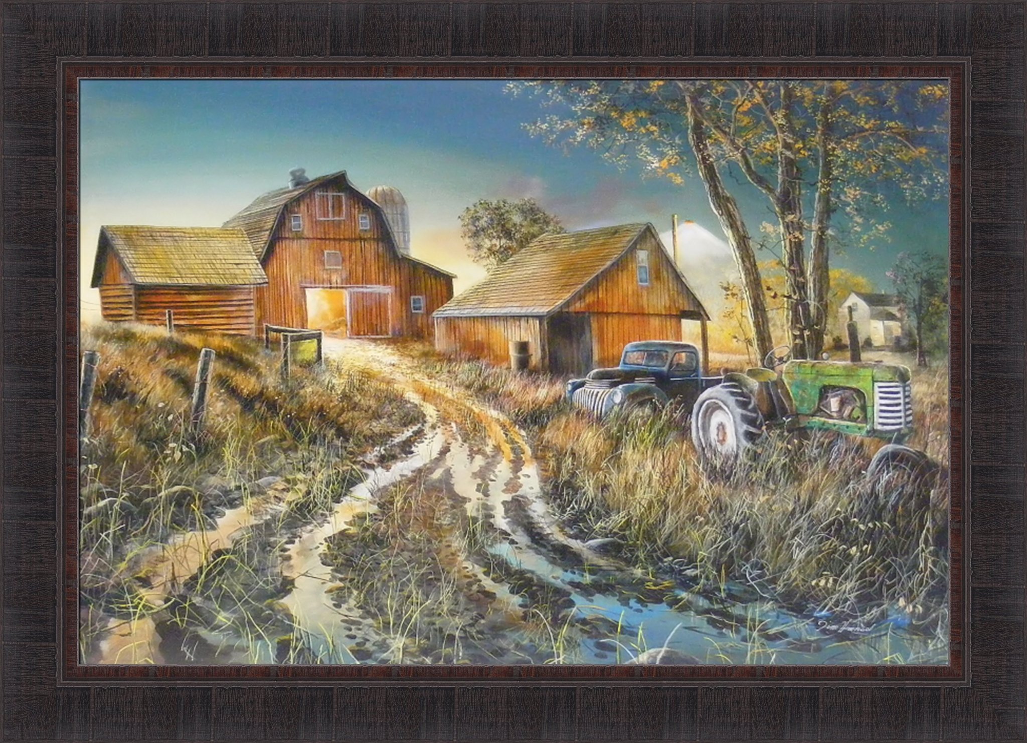 Tractor And Barn With Sunset