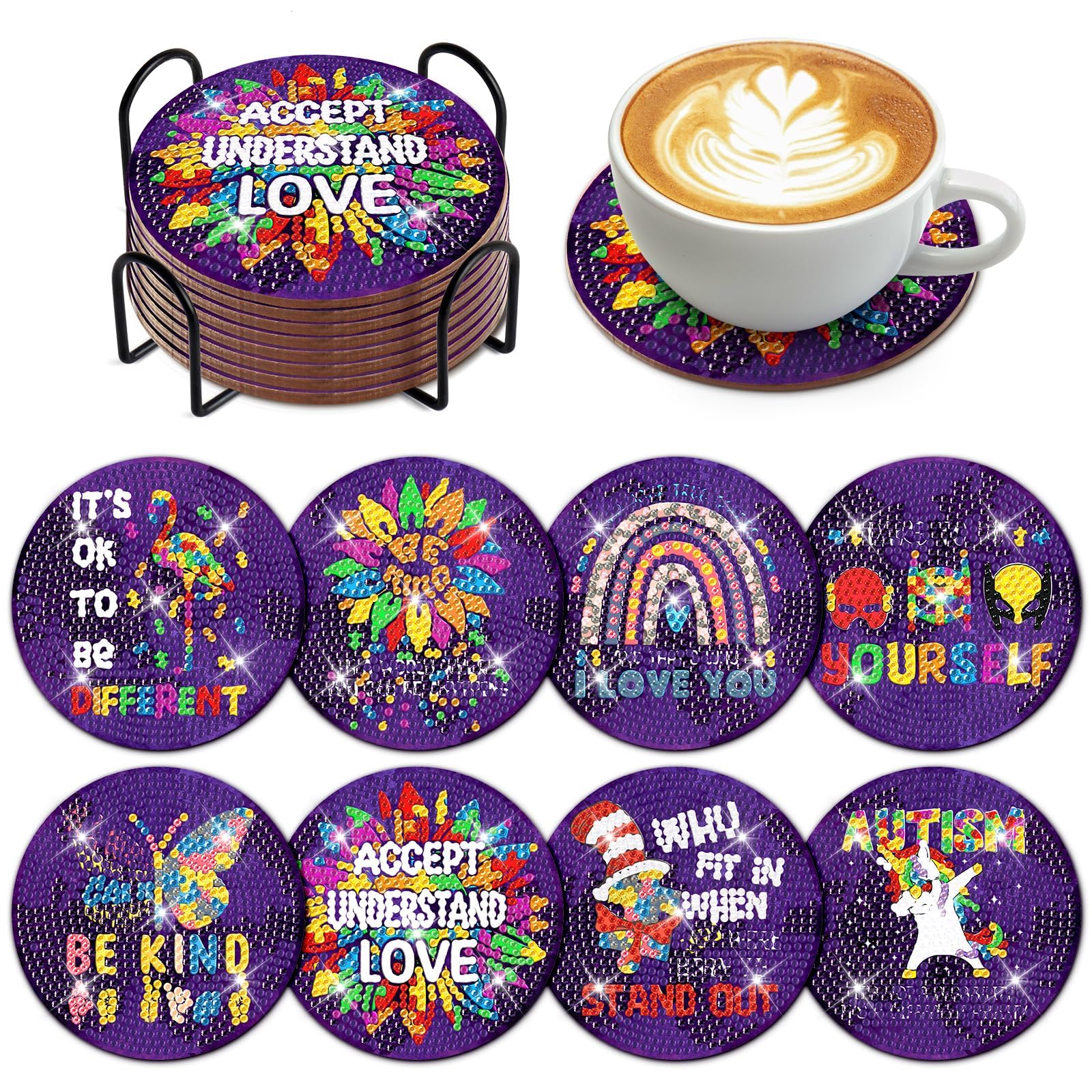 Amazon.com: 8 Pcs Autism Awareness Diamond Art Coaster with Holder DIY ...