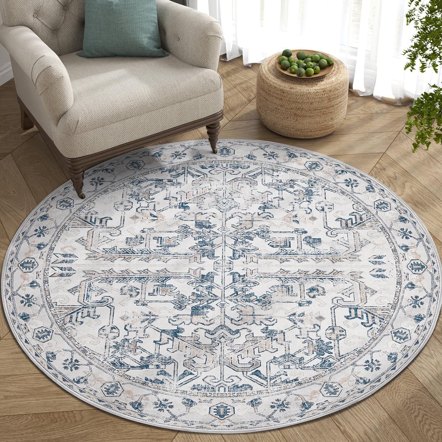 Amazon.com: jinchan Round Rug 5ft Vintage Machine Washable Area Rug ...