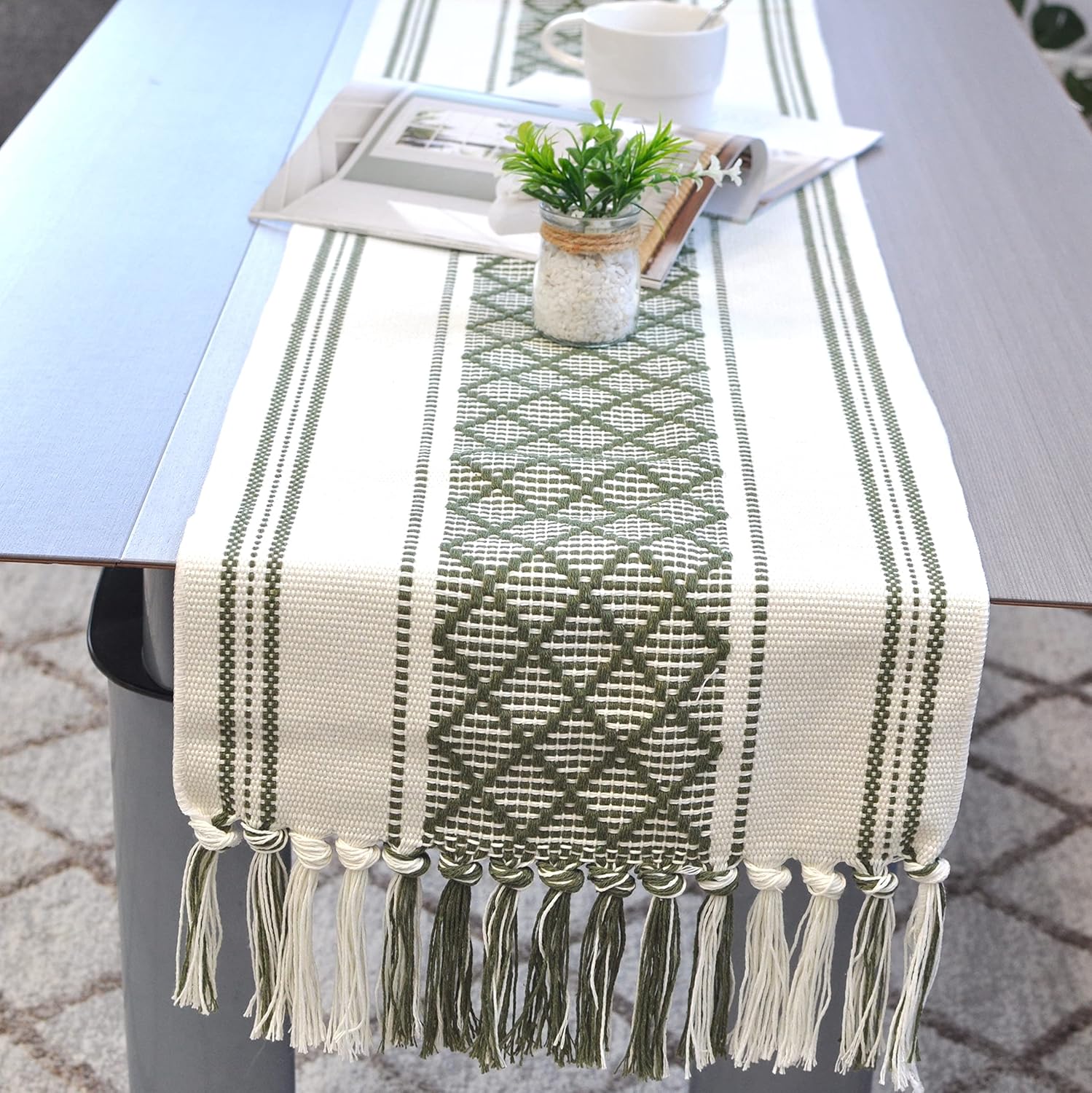 Amazon.com: Short Dining Table / Coffee Table Runner with Boho Tassels ...