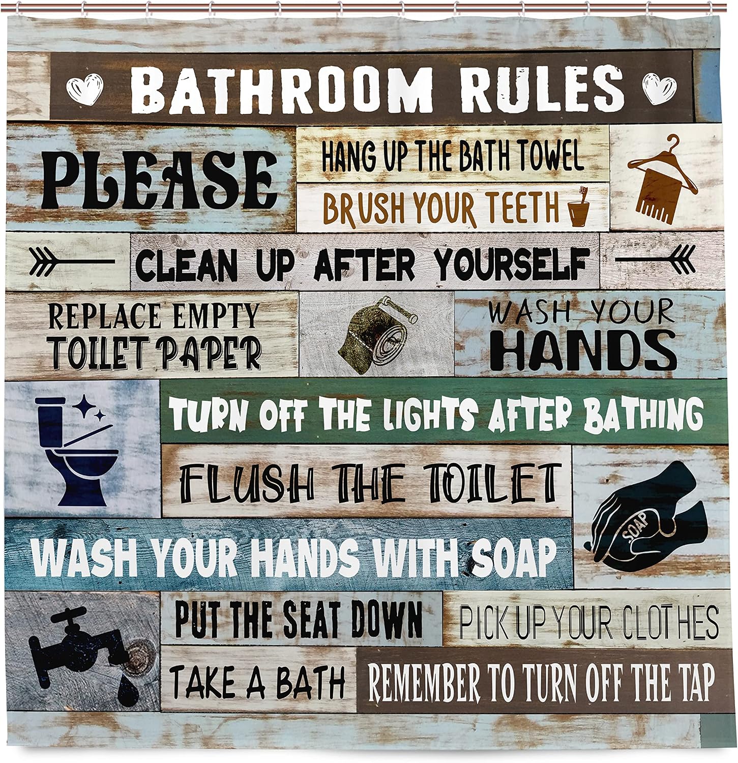Amazon.com: Farmhouse Bathroom Rules Shower Curtain Funny Vintage Teal ...