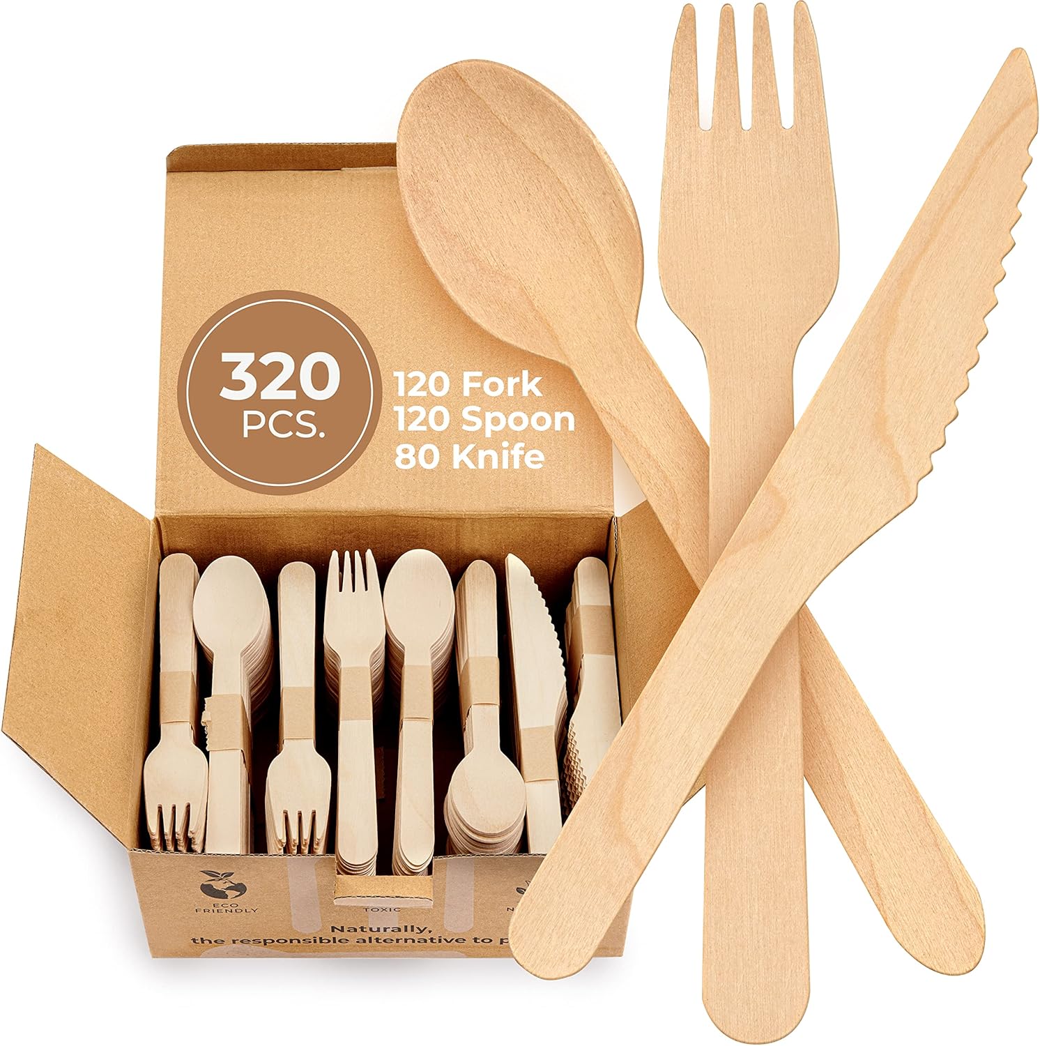 Disposable Wooden Cutlery Set - 320 Pcs (120 Forks | 120 Spoons | 80 ...