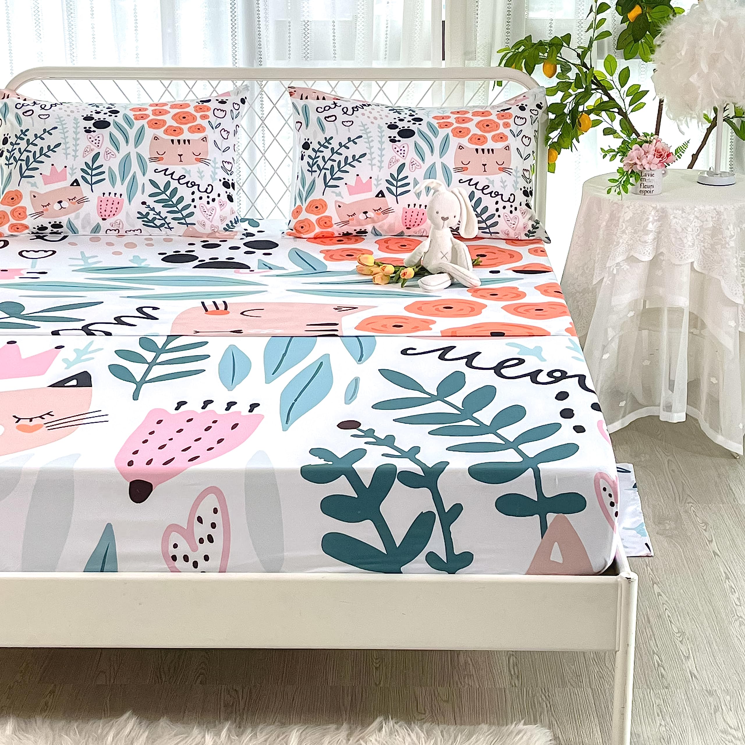 CVHOUSE Cat Fitted Sheet Twin Size,Cartoon Cat Bed Sheet Set for Kids ...