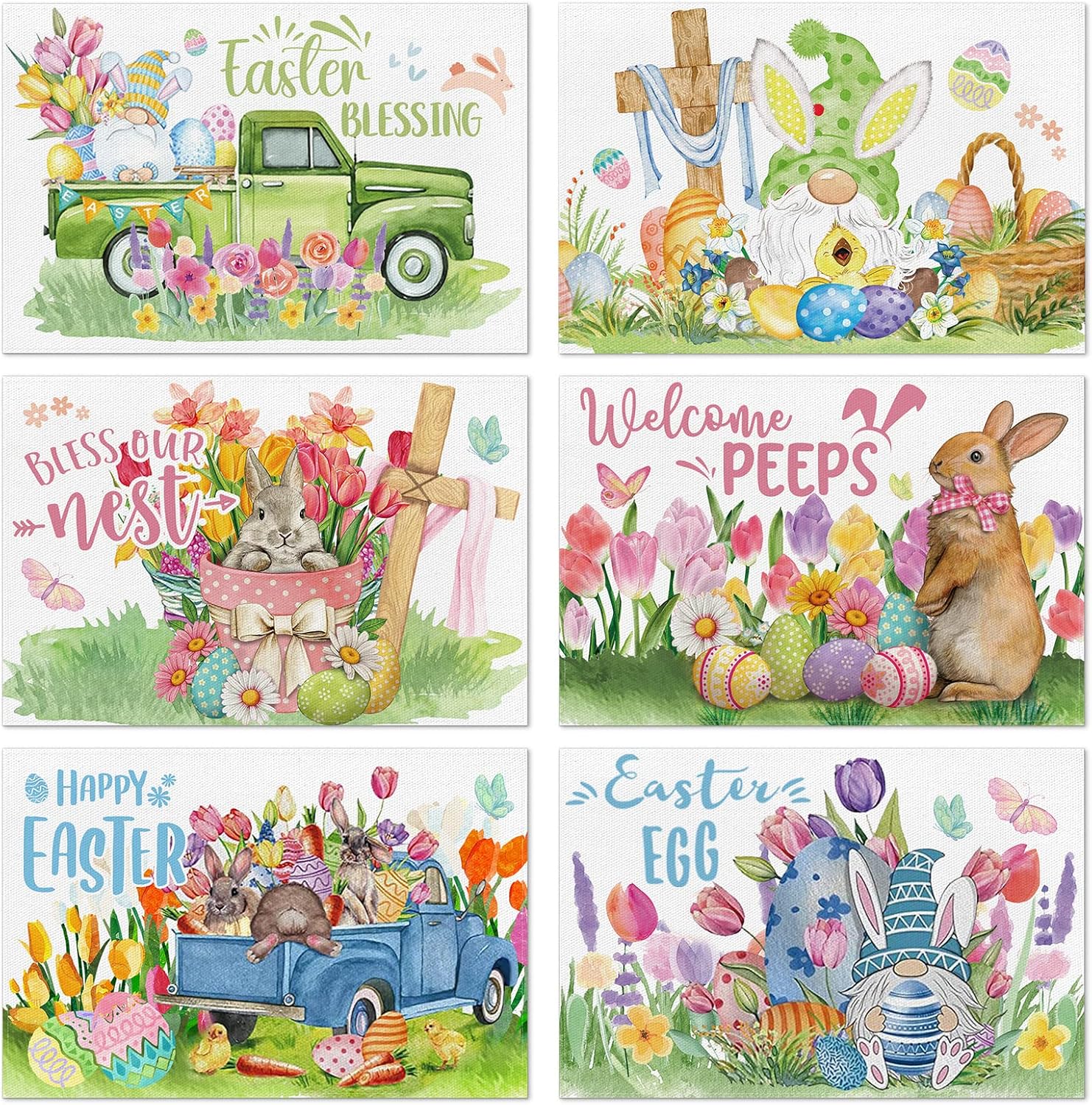 Amazon.com: Easter Placemats Set of 6, 12x18 Inch Bunny Rabbit Gnomes ...