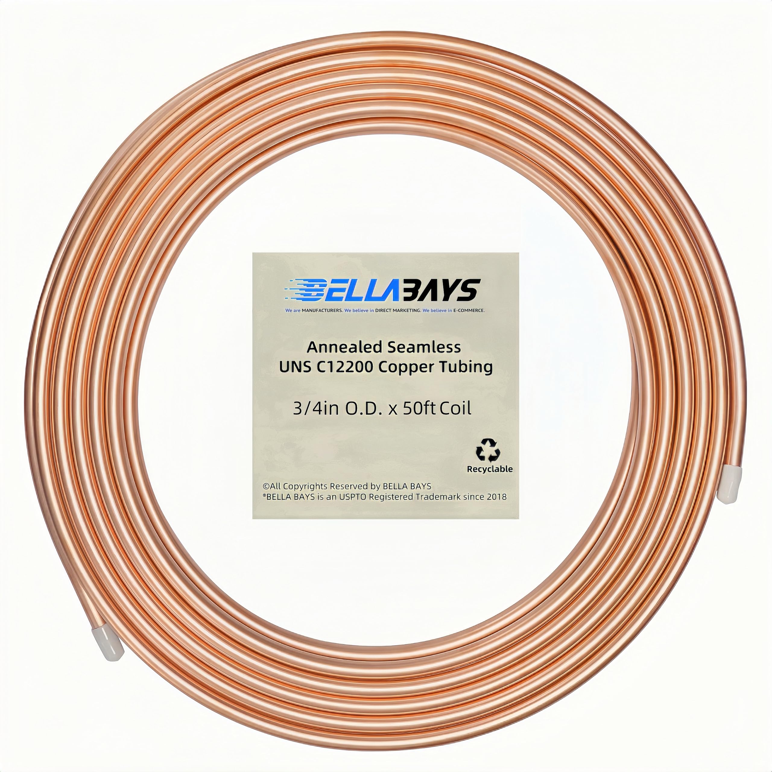 BELLA BAYS Copper Tubing 3/4" OD x 0.687" x 50 ft, 99.9% C12200 ASTM ...