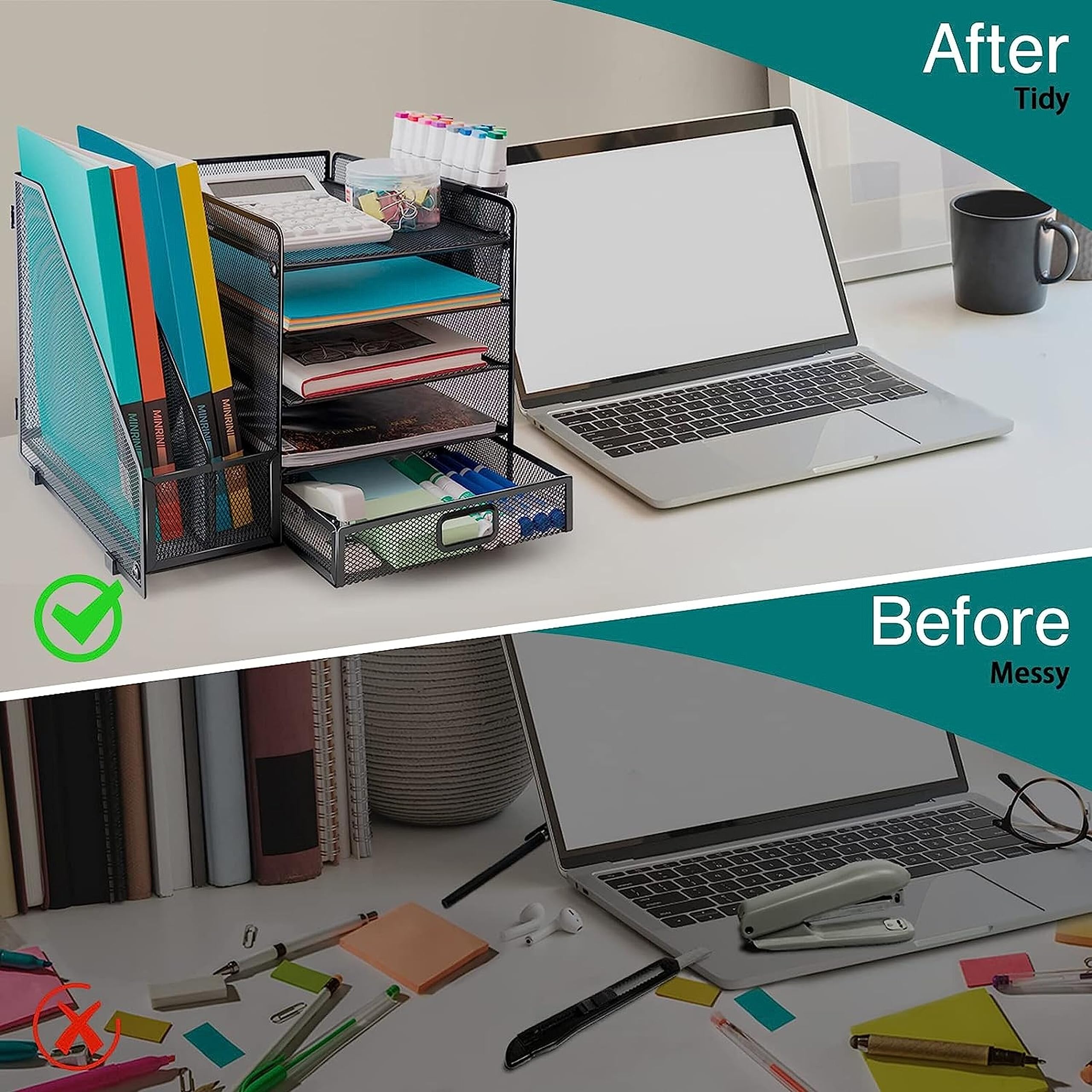 Metal Mesh Desk Organizer with 1 Sliding Drawer, 5 Horizontal Trays and ...