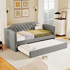 Amazon.com: Bellemave Twin Upholstered Daybed Frame with Gray Trundle ...